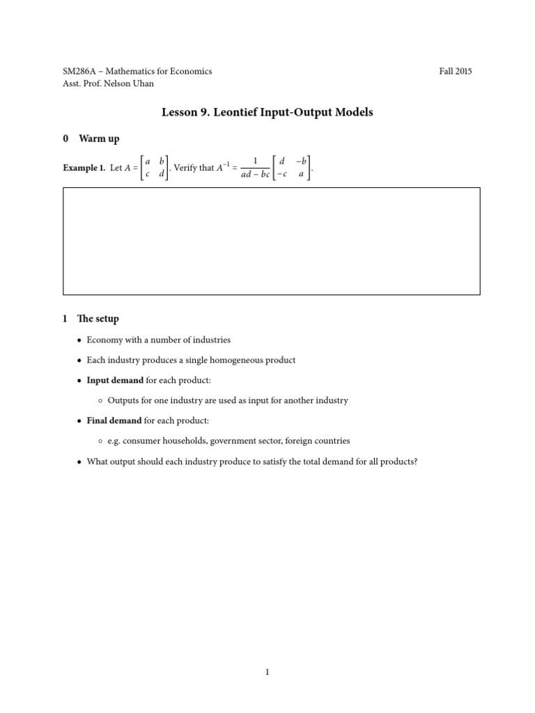 Lesson 9. Leontief Input-Output Models: 0 Warm Up | PDF | Algebra | Mathematical Analysis