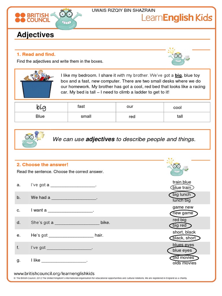 Adjective Exercises for Kids | PDF | Leisure