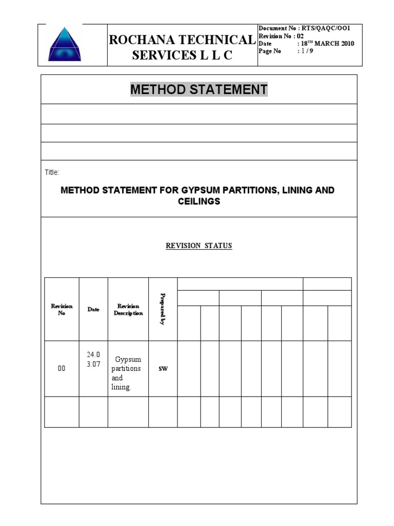7 Method Statement For Gypsum Partition | PDF | Wall | Drywall