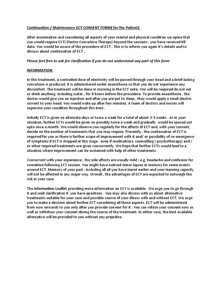 Continuation / Maintenance ECT CONSENT FORM (For The Patient) | PDF ...