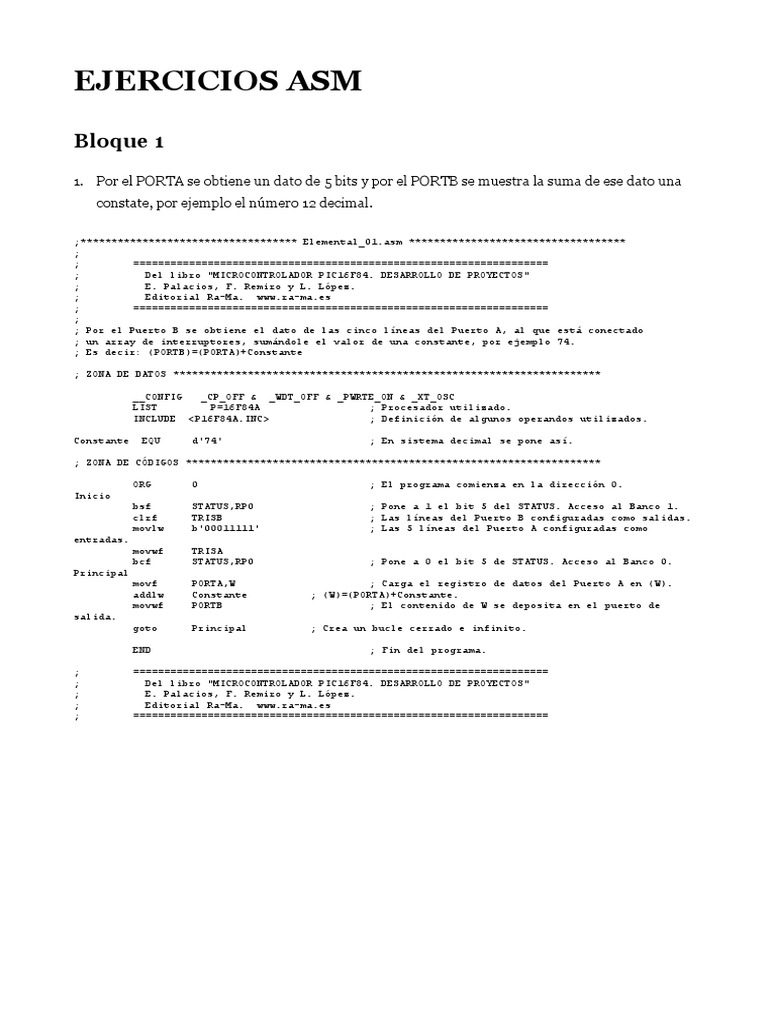 EJERCICIOS ASM 1 y 2 RESUELTOS | PDF | Microcontrolador | Poco