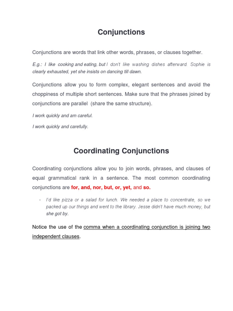 Conjunctions: For, And, Nor, But, Or, Yet, and So | PDF | Syntactic Relationships | Syntax