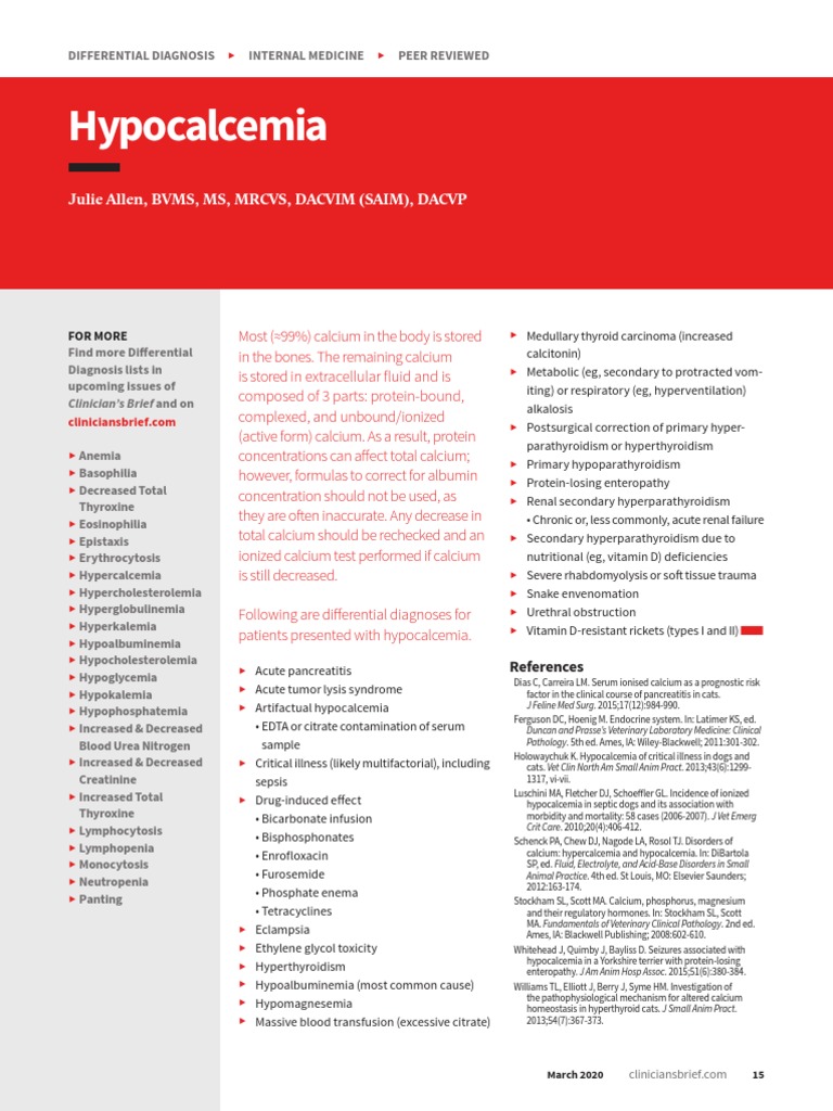 Hypocalcemia: Julie Allen, BVMS, MS, MRCVS, Dacvim (Saim), Dacvp | PDF ...