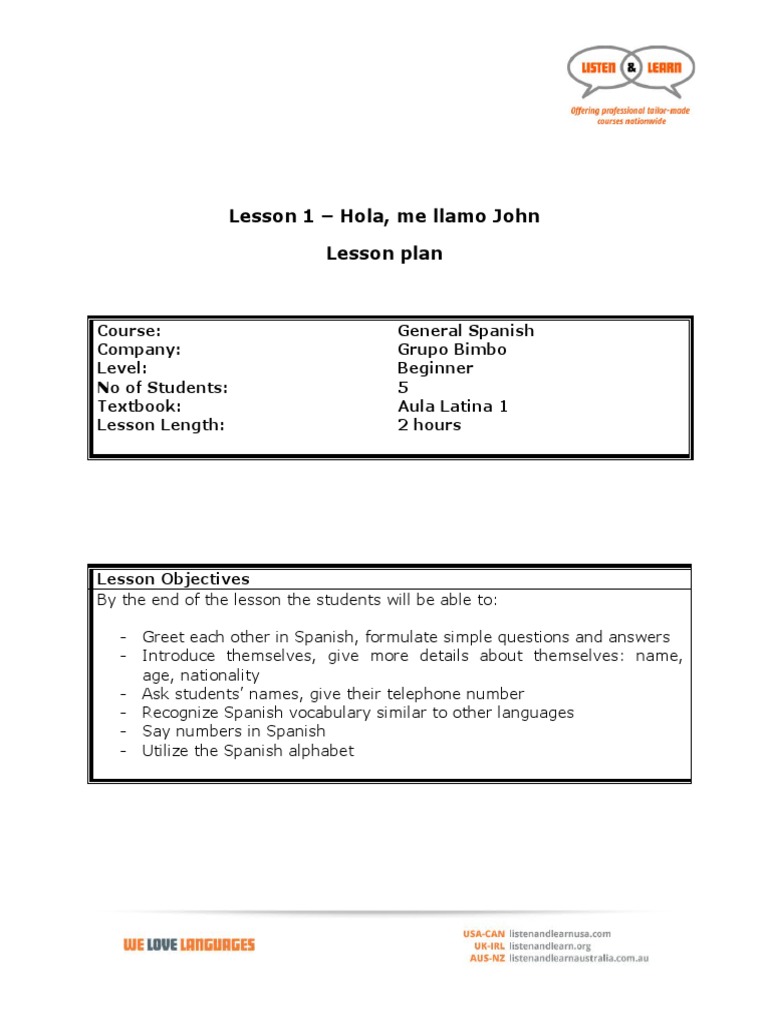 Lesson 1 - Hola, Me Llamo John Lesson Plan | PDF | Language Arts ...