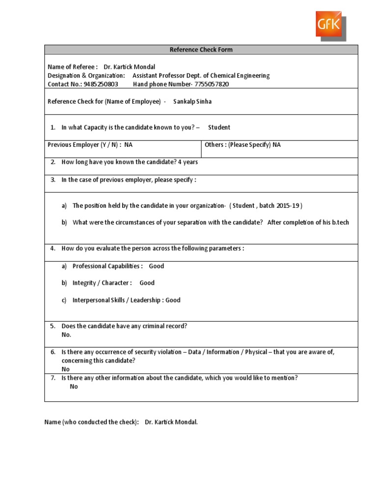 Reference Check Form | PDF