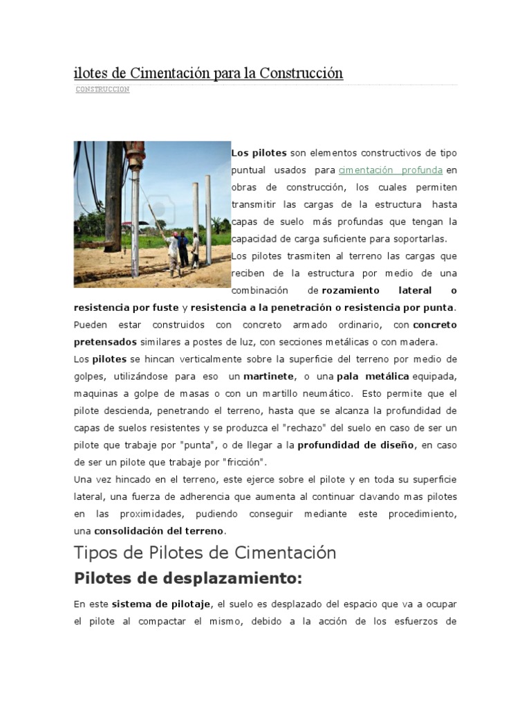 Pilotes de Cimentación: Tipos y Usos | PDF | Fundación (Ingeniería ...