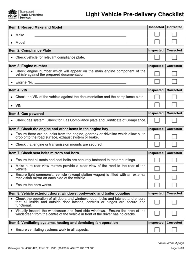 Light Vehicle Pre-Delivery Checklist: Inspected Corrected | PDF ...