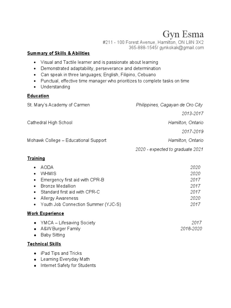 Gyn Esma's Skills and Experience Summary | PDF