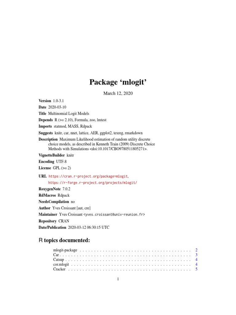Package Mlogit': R Topics Documented | PDF | Logistic Regression | Heteroscedasticity