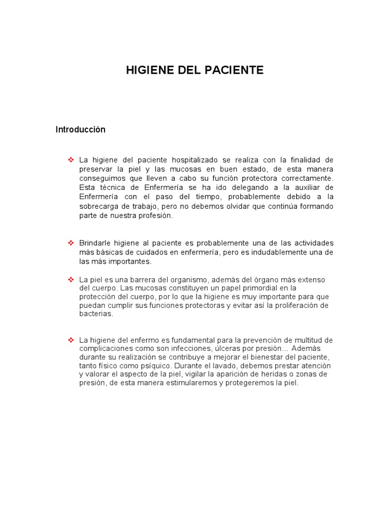 Higiene Del Paciente | PDF | Higiene | Enfermería