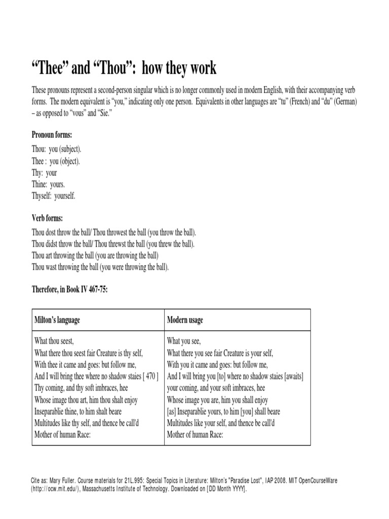 "Thee" and "Thou": How They Work: Pronoun Forms | PDF