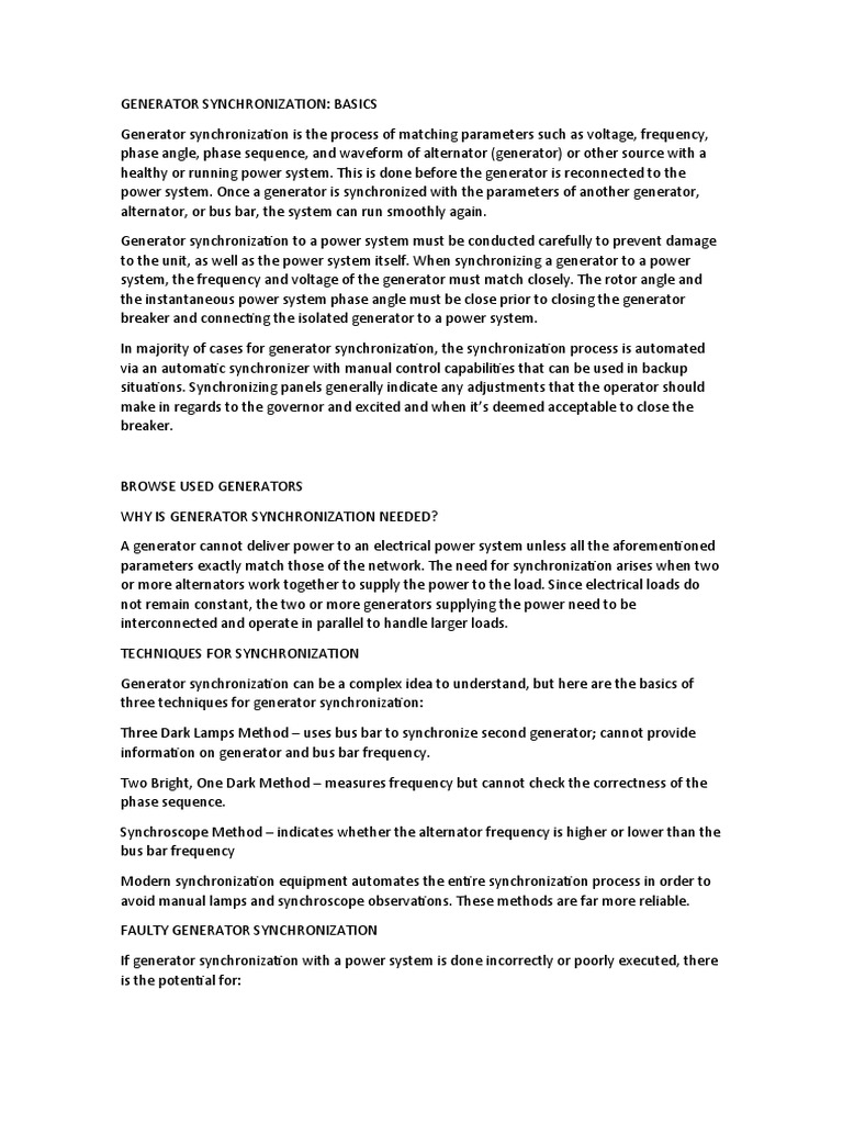 Generator Synchronization Essentials | PDF | Electric Generator ...