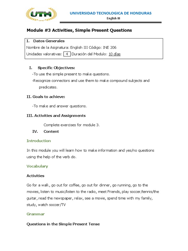 English III Module 3 Activities Simple Present Questions | PDF | Verb ...