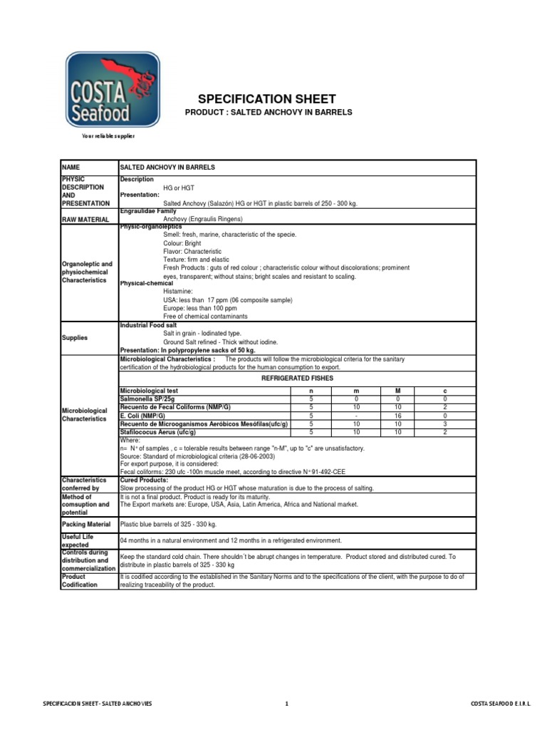 Specification Sheet: Product: Salted Anchovy in Barrels | PDF | Salt ...