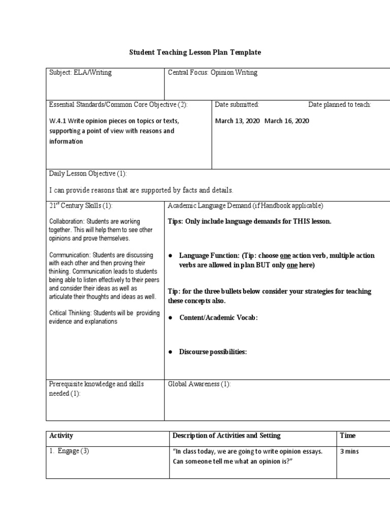 Student Teaching Lesson Plan Template: I Can Provide Reasons That Are Supported by Facts and ...