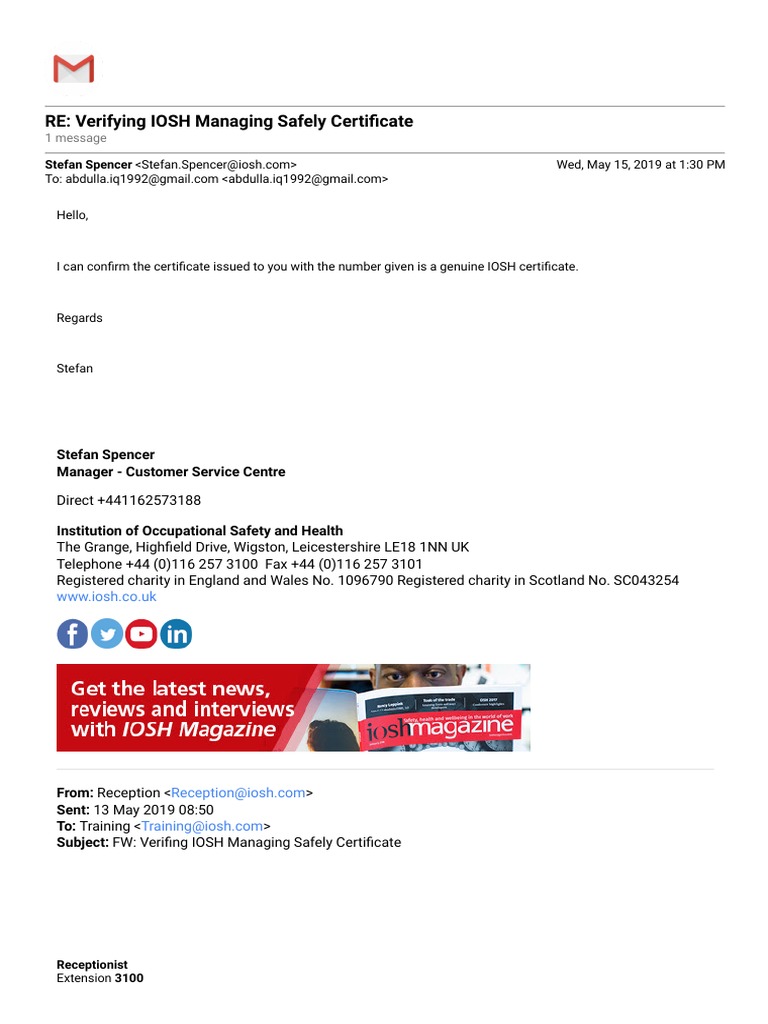 Verifying IOSH Managing Safely Certificate PDF | PDF