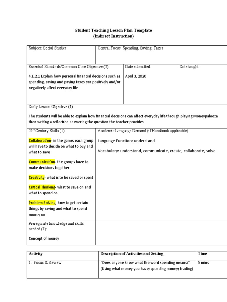 Student Teaching Lesson Plan Template (Indirect Instruction) | PDF ...