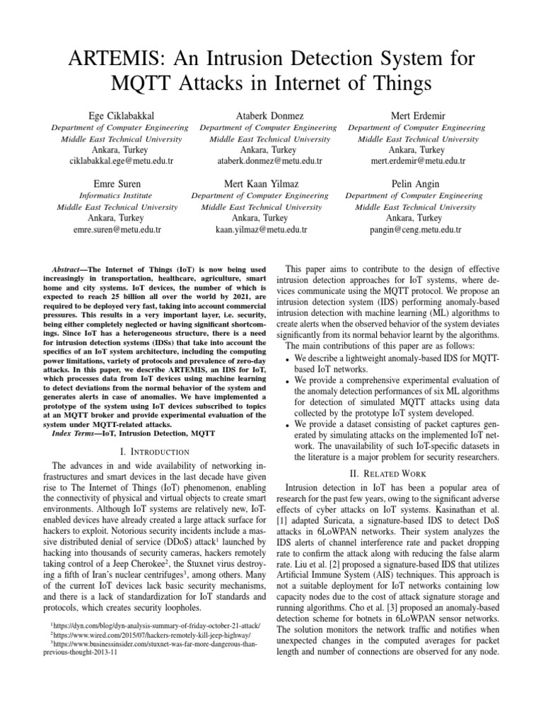 ARTEMIS: An Intrusion Detection System For MQTT Attacks in Internet of Things | Download Free ...