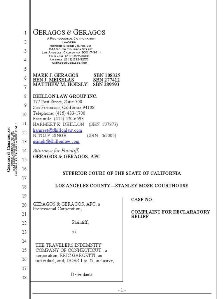 Complaint Against Travelers Indemnity | PDF | Declaratory Judgment ...