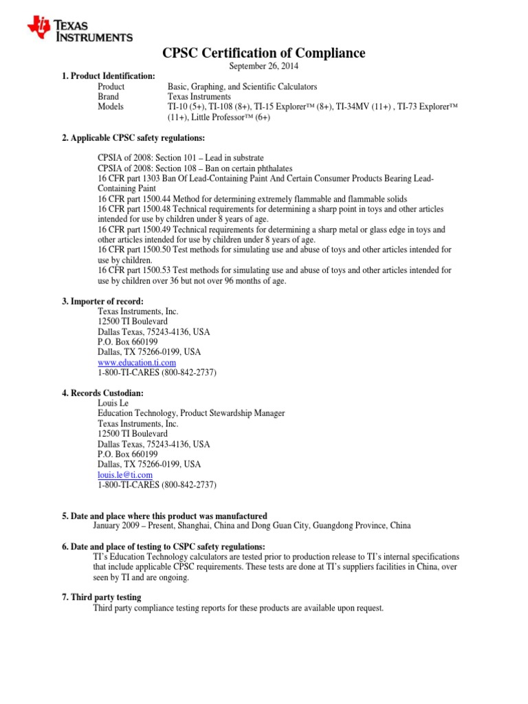 CPSC Certification of Compliance: 1. Product Identification | PDF ...
