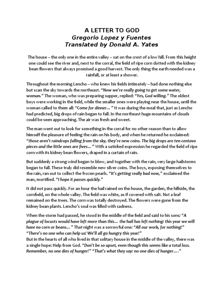Gregorio Lopez y Fuentes Translated by Donald A. Yates: A Letter To God ...