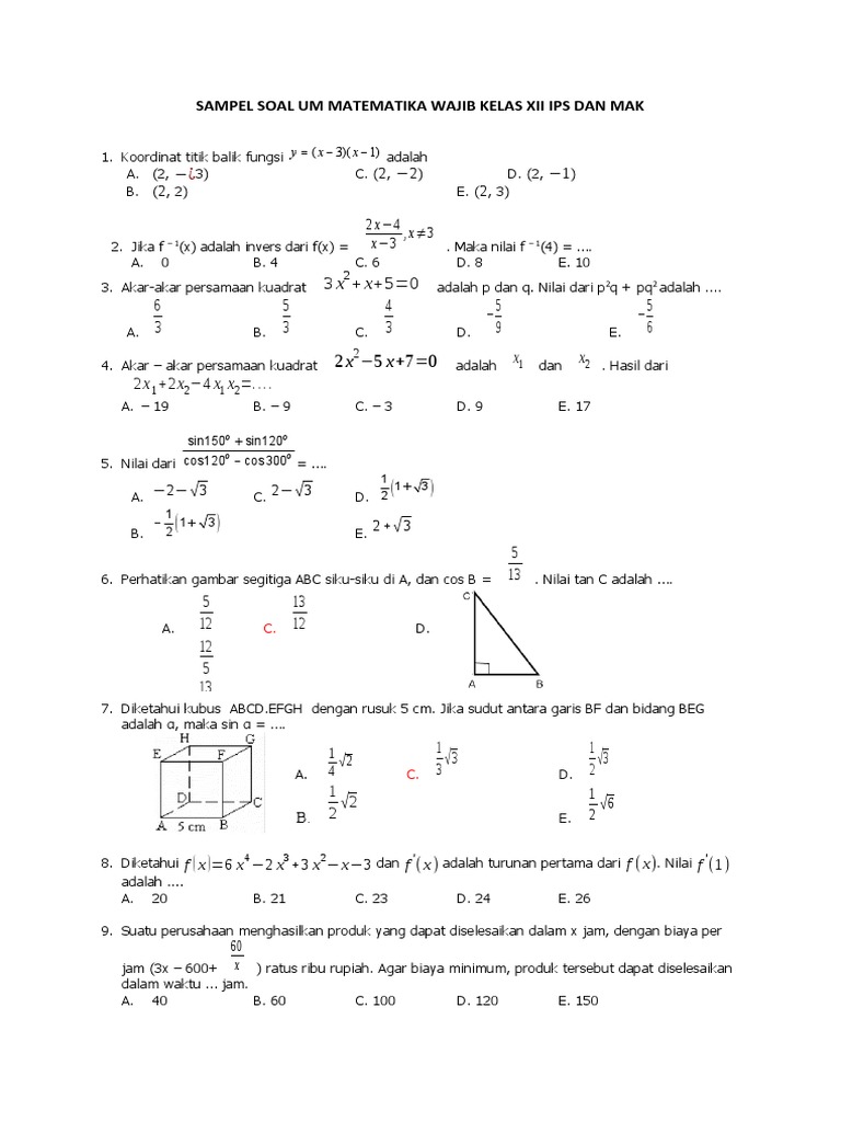 Sampel Soal Um Matematika Wajib Kelas Xii Ips Dan Mak | PDF