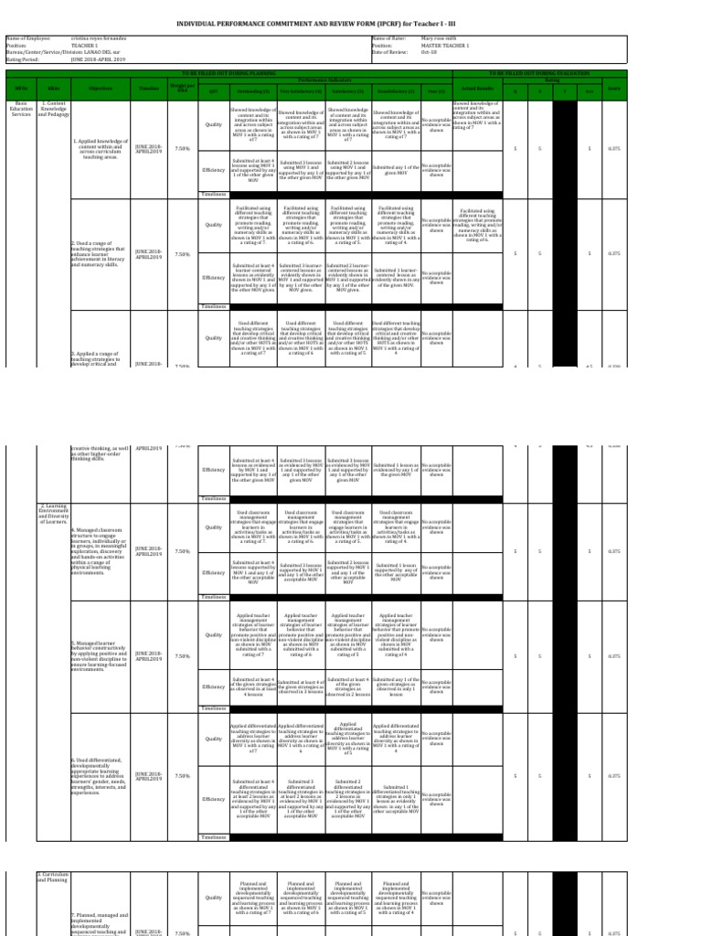 Individual Performance Commitment and Review Form (Ipcrf) For Teacher I ...