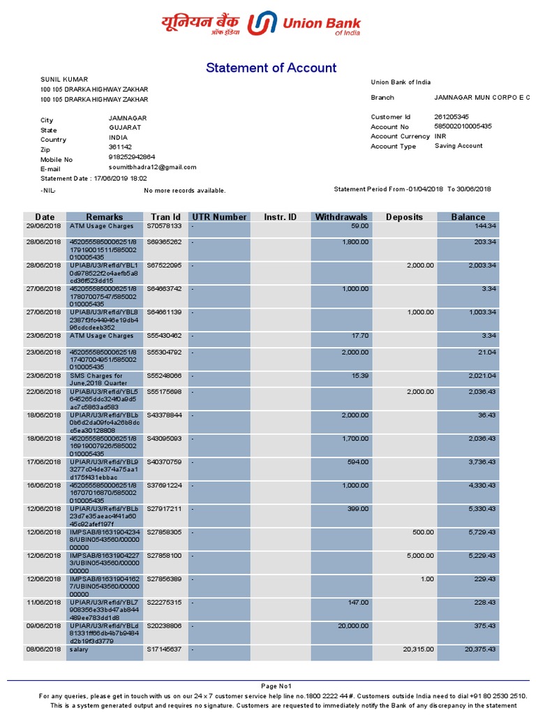 Statement of Account for Sunil Kumar Detailing Savings Account ...