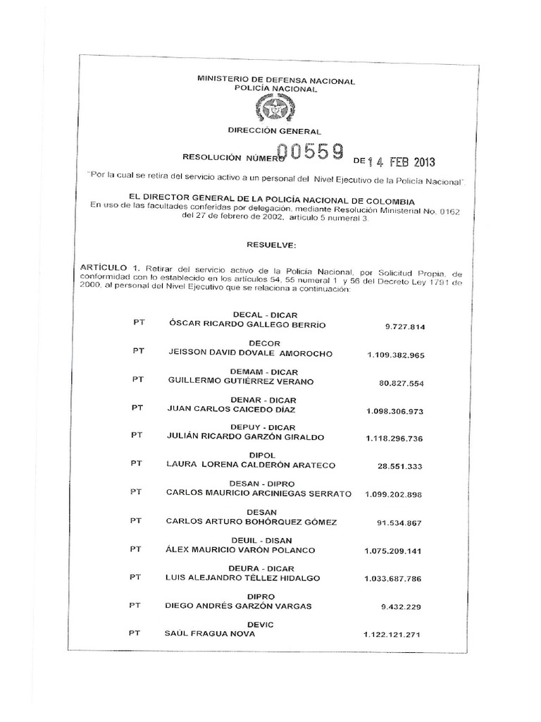 Resolucion Retiro Ponal No. 559 | PDF