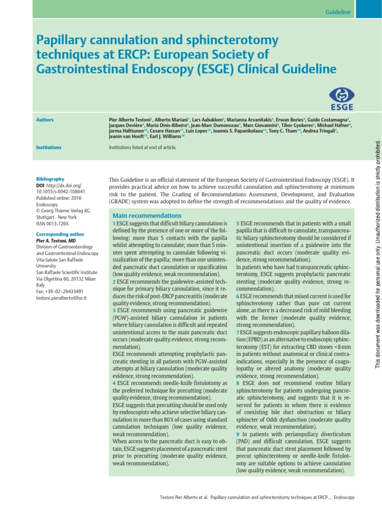 Papillary Cannulation and Sphincterotomy Techniques at ERCP: European ...