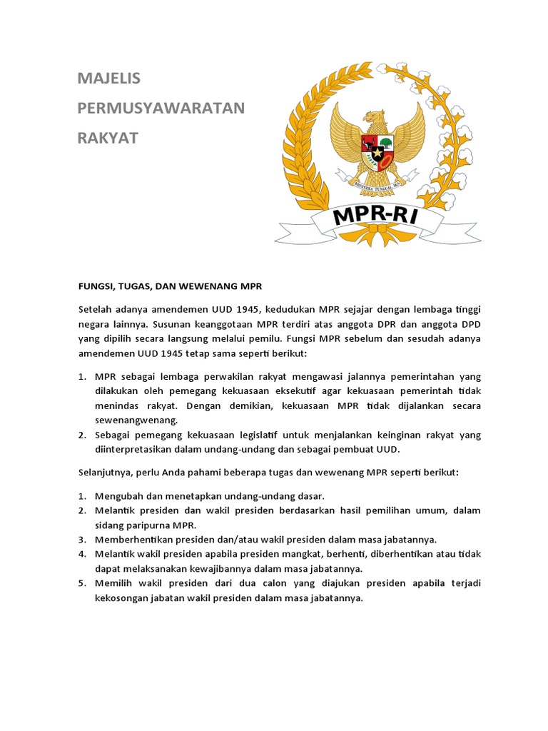 Fungsi dan Wewenang MPR & DPR | PDF