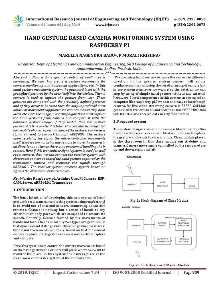 Hand Gesture Based Camera Monitorning System Using Raspberry Pi | PDF | Wireless | Gesture