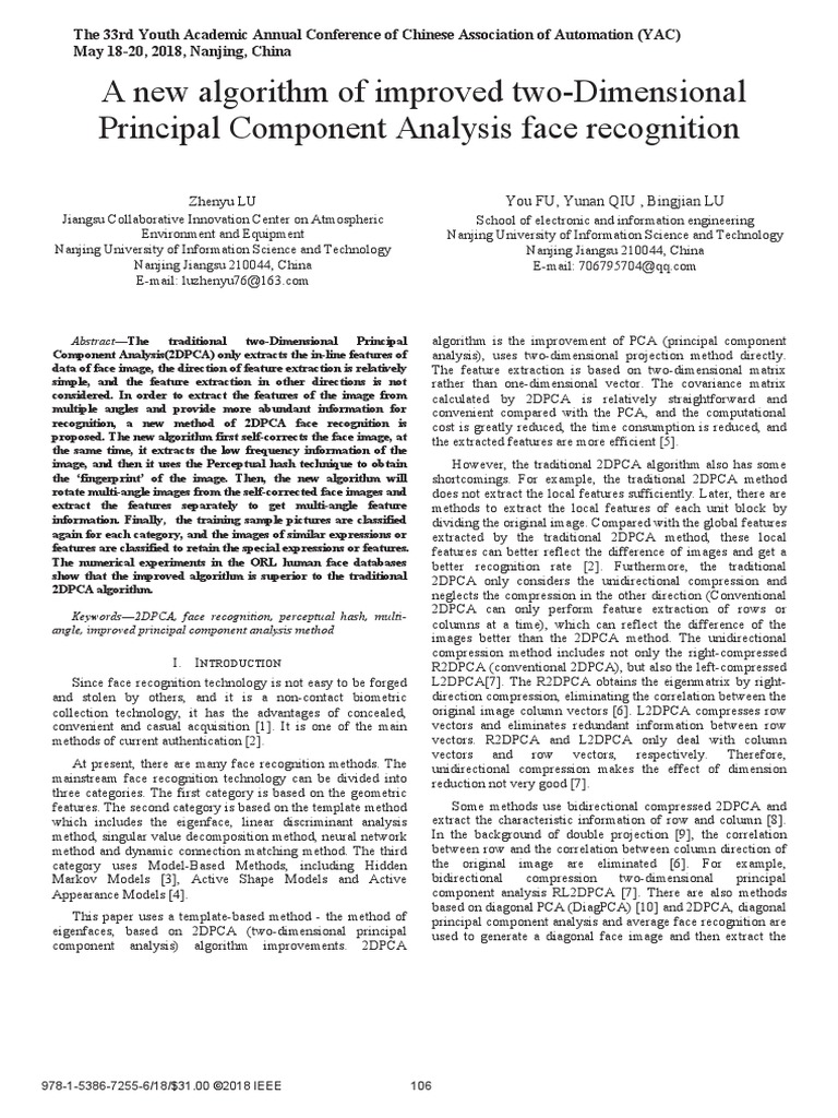 A New Algorithm of Improved Two-Dimensional Principal Component Analysis Face Recognition | PDF ...