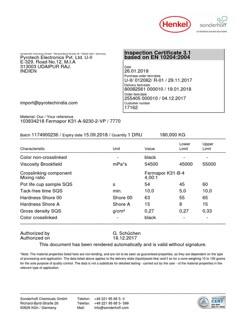 Inspection Certificate 3.1 Based On EN 10204:2004: Material: Our / Your ...