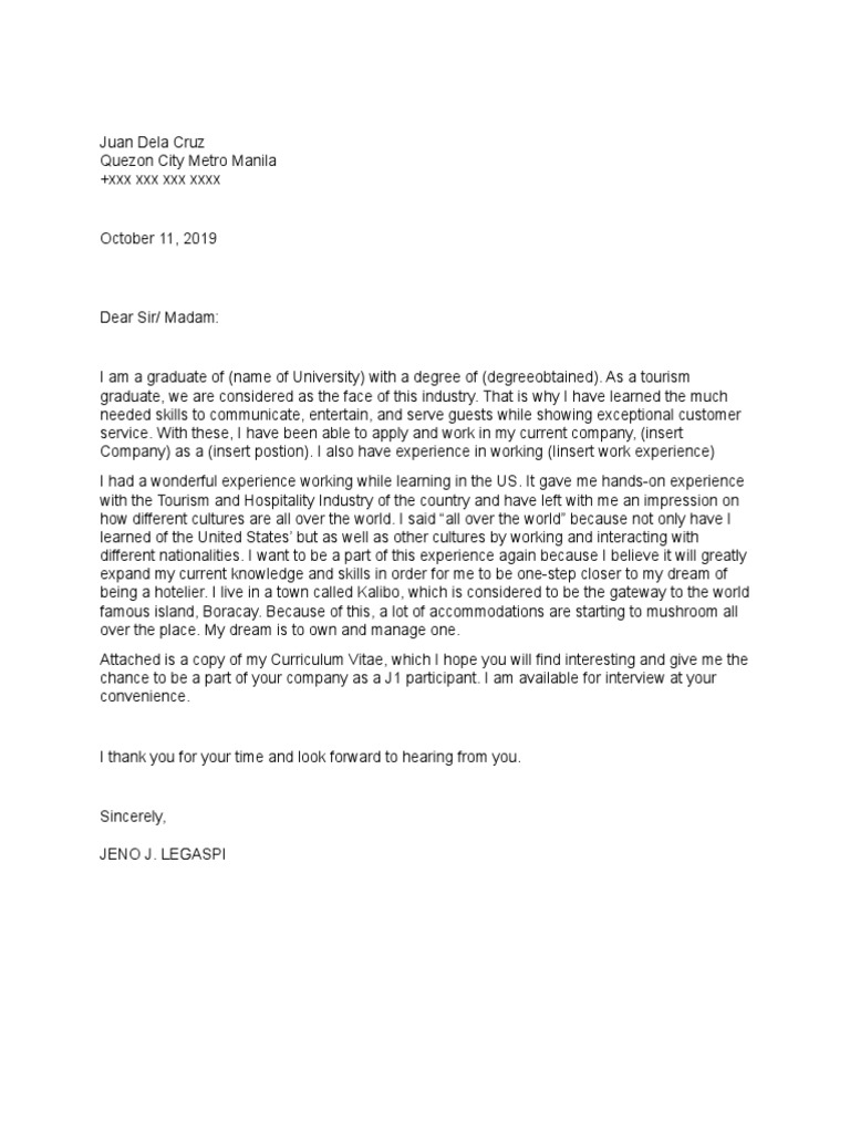 Scribd Sample Motivation Letter For J1 Internship (Tourism) | PDF