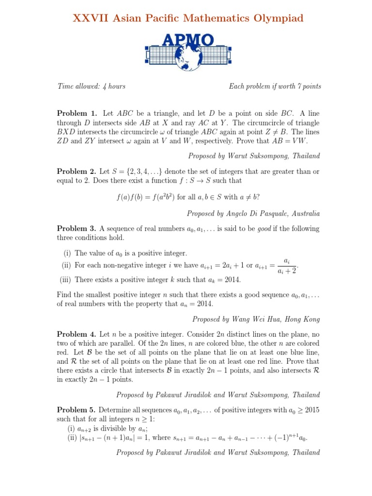 XXVII Asian Pacific Mathematics Olympiad | PDF