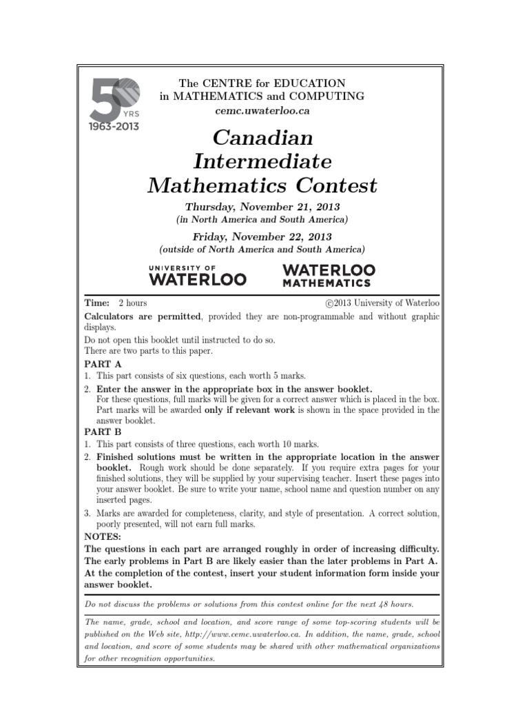 Canadian Intermediate Mathematics Contest: The Centre For Education in ...