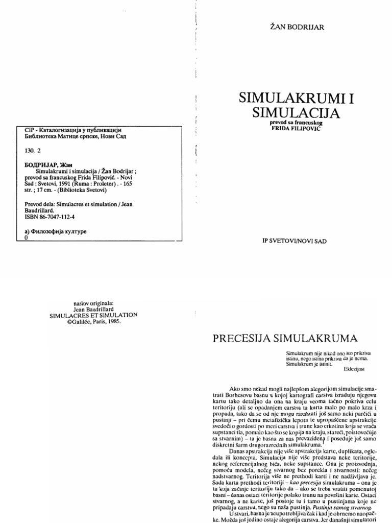 Jean Baudrillard Simulakrumi I Simulacija PDF | PDF
