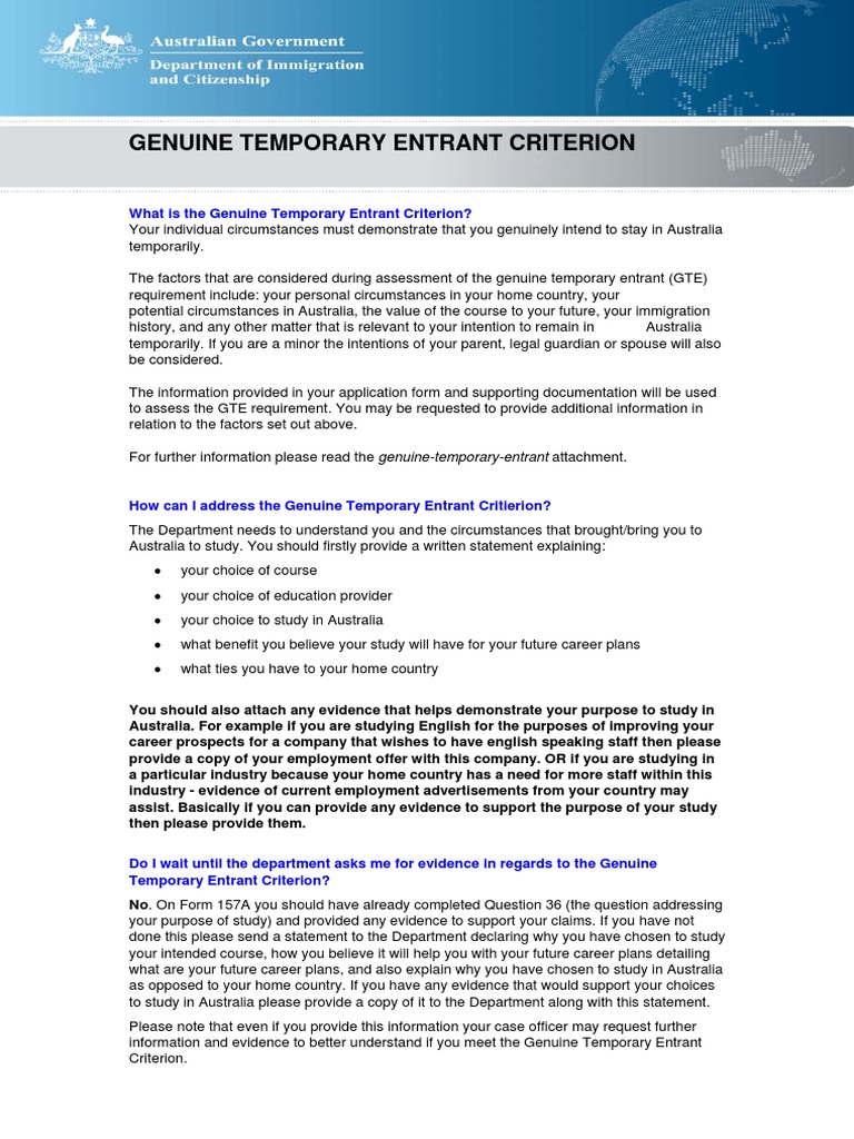 Genuine Temporary Entrant Criterion | PDF | Question | Information
