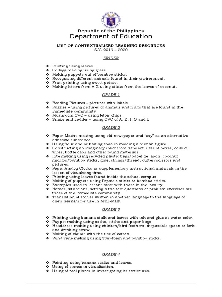 List of Contextualized Learning Resources | PDF | Bamboo | Paper