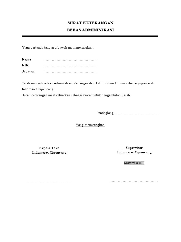 Surat Keterangan Bebas Administrasi | PDF