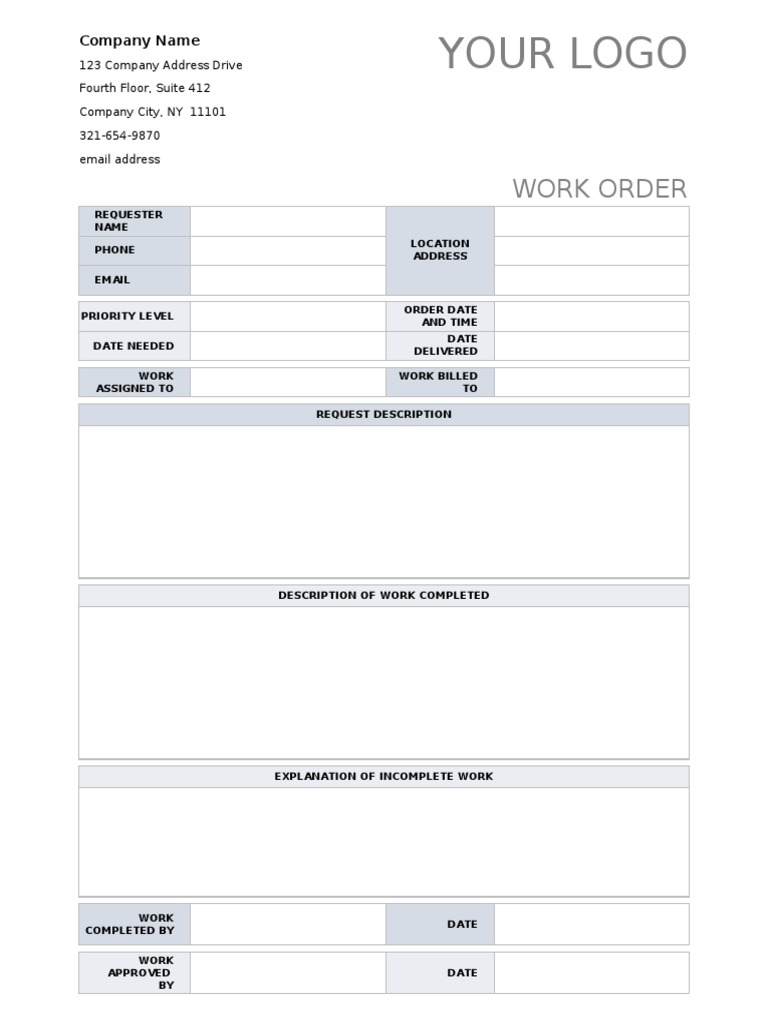 IC Printable Work Order Request Form Template 8963 | PDF