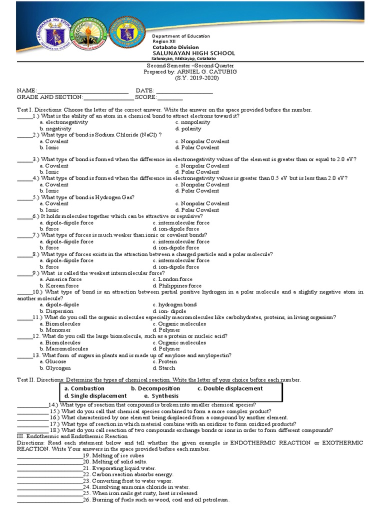 Chemistry Assessment for High School Students | PDF | Chemical Polarity ...