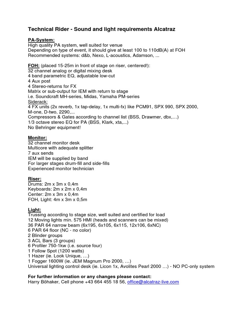 Alcatraz Sound & Light Tech Rider | PDF | Recording | Sound Technology