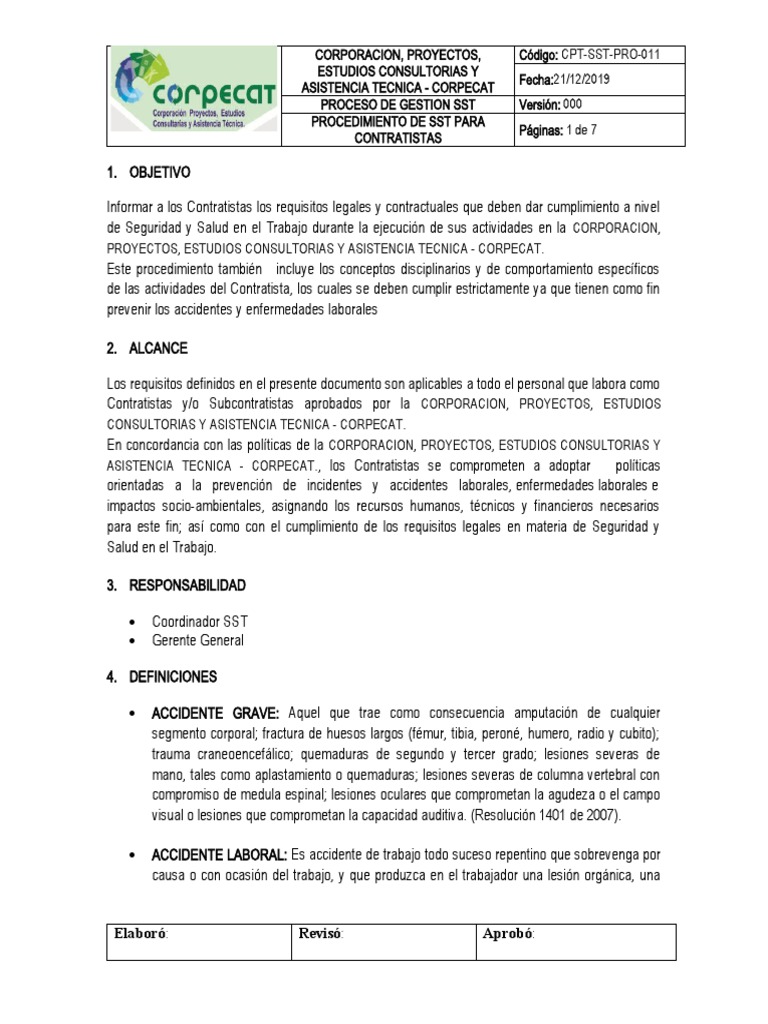 CPT-SST-PRO-011 Procedimiento de SST para Contratistas | PDF | Business ...
