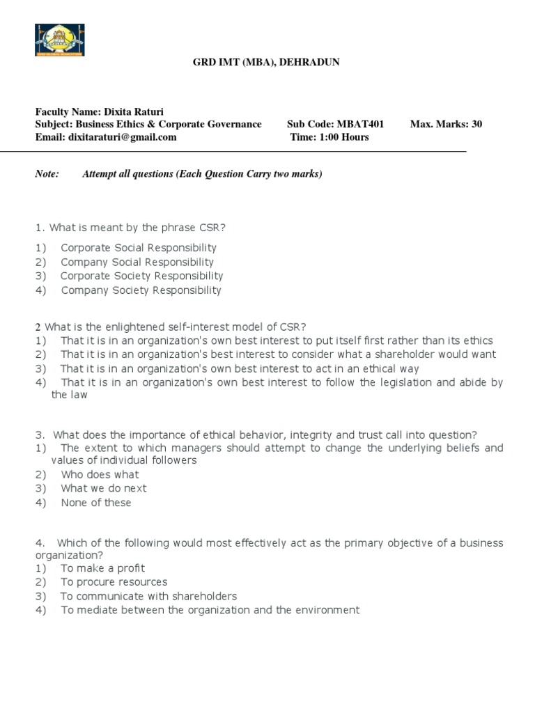 BECG Question Paper | PDF | Corporate Social Responsibility | Corporate ...