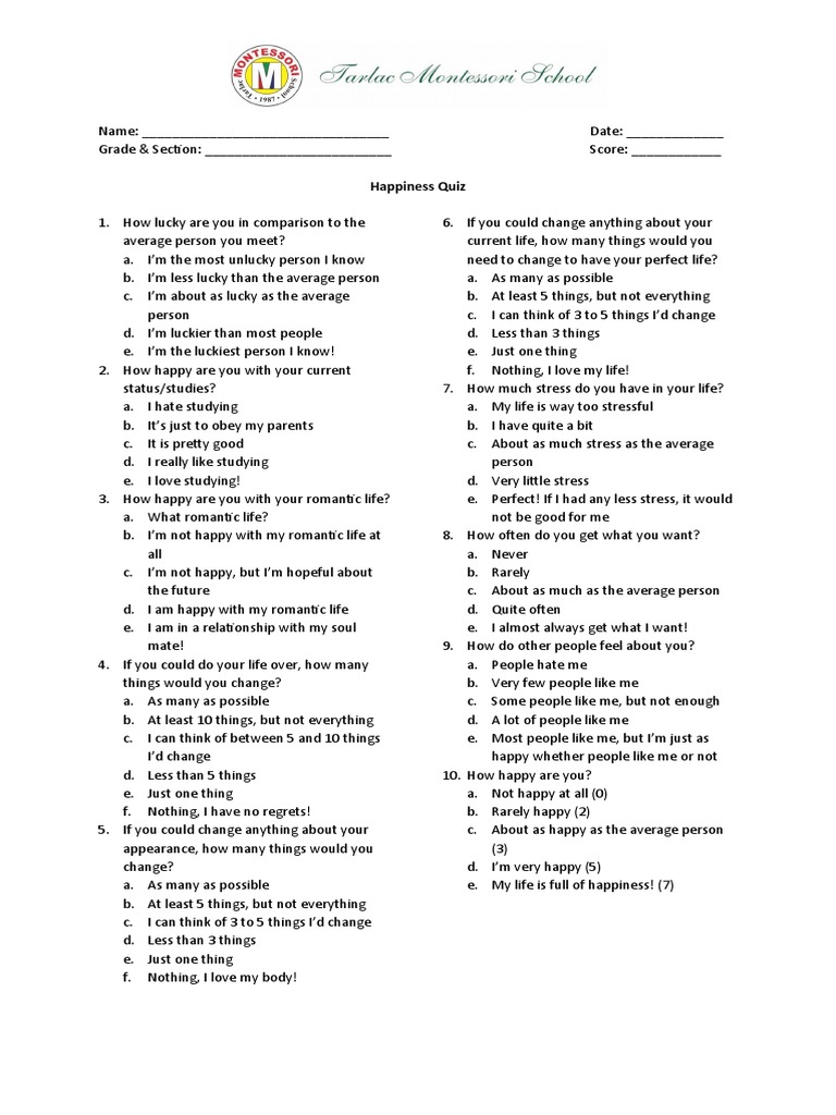 Happiness Quiz | PDF