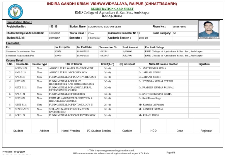 RMD College of Agriculture & Res. STN., Ambikapur: Registration Card ...