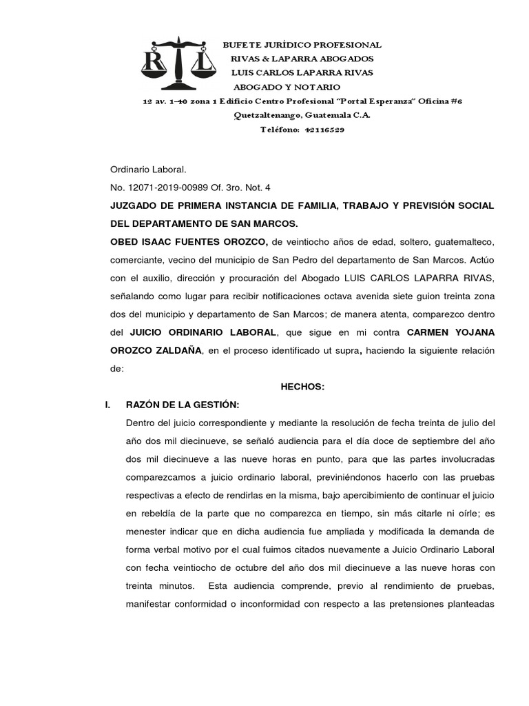 Contestación de Demanda Con Excepciones Perentorias PDF | Caso de ley ...