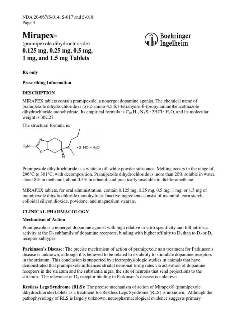 Mirapex: 0.125 MG, 0.25 MG, 0.5 MG, 1 MG, and 1.5 MG Tablets | PDF ...